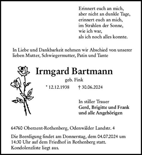 Traueranzeigen Von Irmgard Bartmann Vrm Trauerde