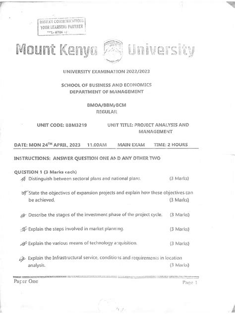 Project Analysis Past Papers Pdf