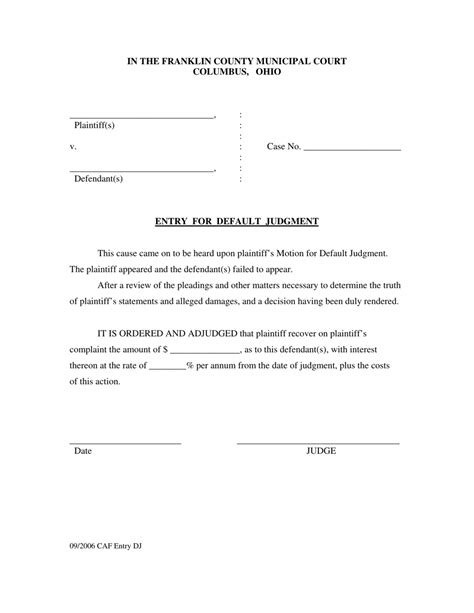 Franklin County Ohio Entry For Default Judgment Fill Out Sign