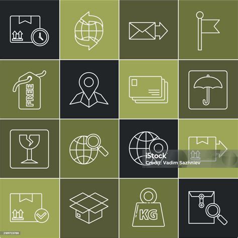 돋보기가 있는 선 봉투 판지 상자 교통 기호 우산 지도 용지에 자리 표시자 가격표 무료 빠른 시간 및 아이콘을 설정합니다 벡터 검색에 대한 스톡 벡터 아트 및 기타 이미지