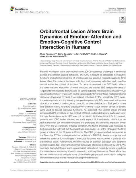 Pdf Orbitofrontal Lesion Alters Brain Dynamics Of Emotion Attention And Emotion Cognitive