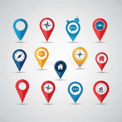 A Collection Of Illustrated Map Markers In Various Colors And Designs