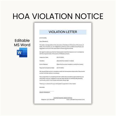 Hoa Violation Notice Letter Template Ms Word Editable Homeowners