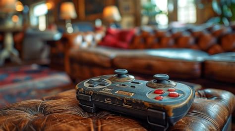 An Old Gamepad On An Old Sofa Chair Gamepad Nostalgia Premium Ai