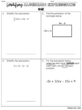 Simplifying Algebraic Expressions Quiz By We HART Algebra TPT