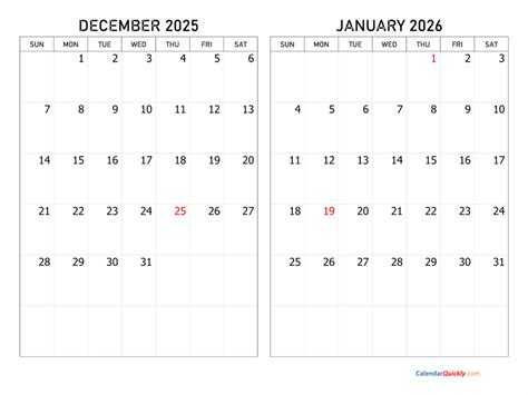 December 2025 2026 Calendar Printable