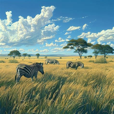 Expansive Grassland Ecosystem With Grazing Zebras And Tall Grasses