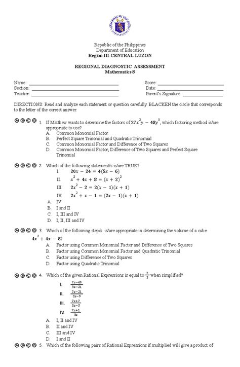 Regional Achievement Test Math 8 Republic Of The Philippines