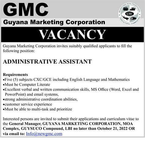 Guyana Marketing Corporation Vacancy Administrative Assistant Dpi