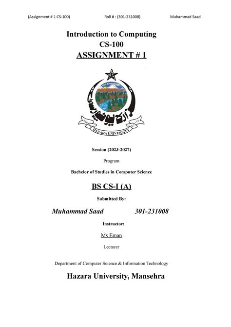 Assignment Cs 100 Saad Introduction To Computing Cs Assignment 1 Session 2023 2027