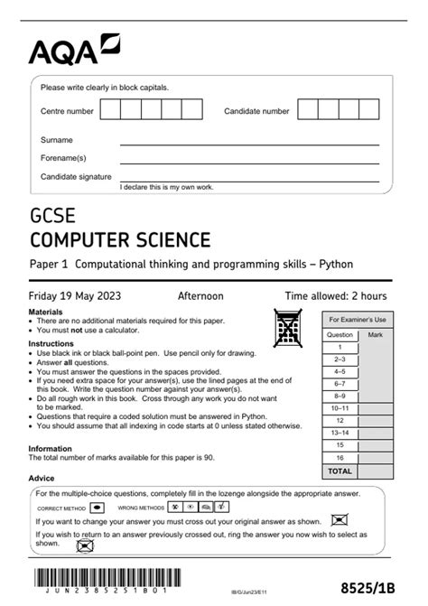 Gcse Aqa May 2024 Computer Science Paper 1 Python Computing Stuvia Uk