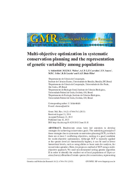 Pdf Multi Objective Optimization In Systematic Conservation Planning And The Representation Of