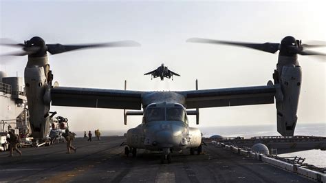 Bell Boeing V 22 Osprey And Av 8b Harrier Ii On Aircraft Carrier Hd