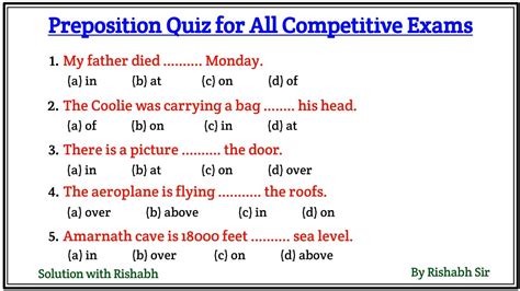 Preposition Objective Questions Preposition In English Grammar
