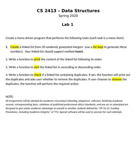 Solved CS 2413 Data Structures Spring 2020 Lab 1 Create A Chegg Com