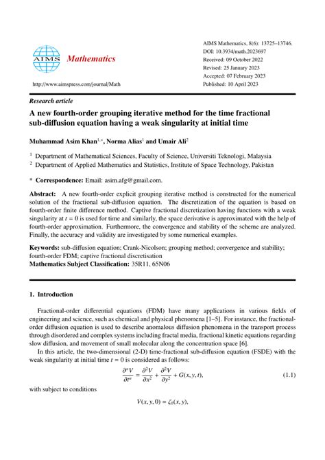 Pdf A New Fourth Order Grouping Iterative Method For The Time Fractional Sub Diffusion