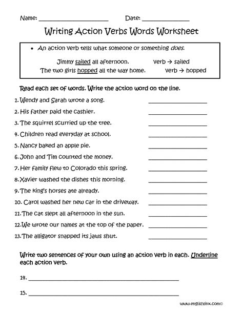 Writing Action Verbs Words Worksheets Verb Worksheets Action Verbs
