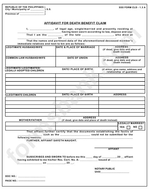 Affidavit For Death Benefit Claim Form Printable Pdf Download