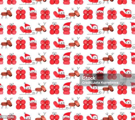 원활한 크리스마스와 새해 패턴입니다 선물썰매에 앉아 산타클로스 순 록 지문으로 그리기 그림 0명에 대한 스톡 벡터 아트 및 기타 이미지 Istock