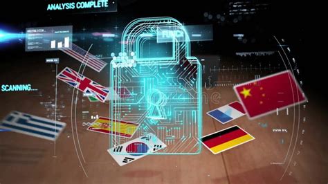 Digital Lock Animation Over Various International Flags And Data Processing Graphics Stock