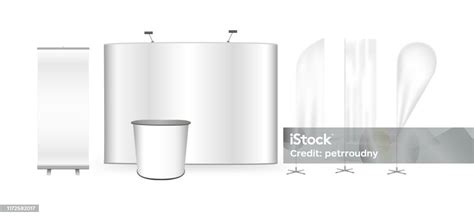 벡터 전시 프로모션 세트 플랫 팝업 무역 박람회 스탠드 디스플레이 휴대용 프로모션 소매 무역 테이블 또는 카운터 배너를 롤업하고