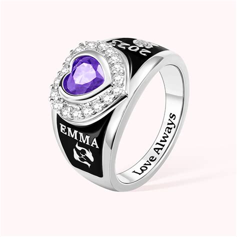 Personalized Sterling Silver Women Class Ring With Heart Birthstone For