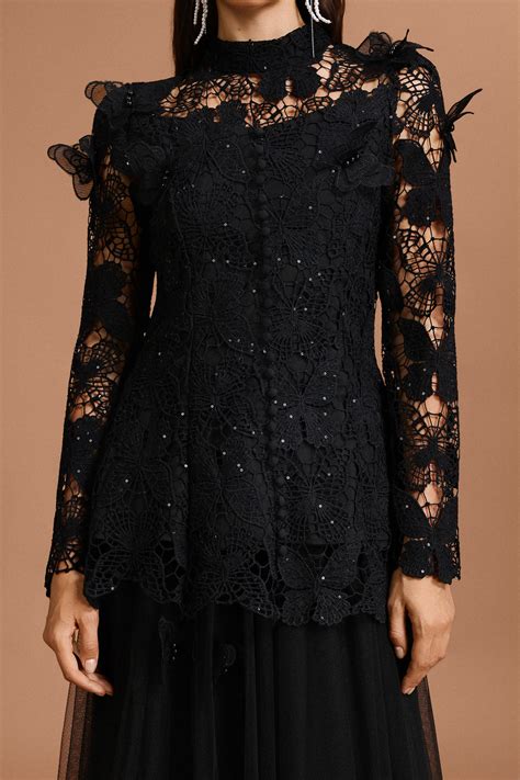 Okama Long Sleeve Folds Lace Butterfly Top And Skirt Two Piece Set