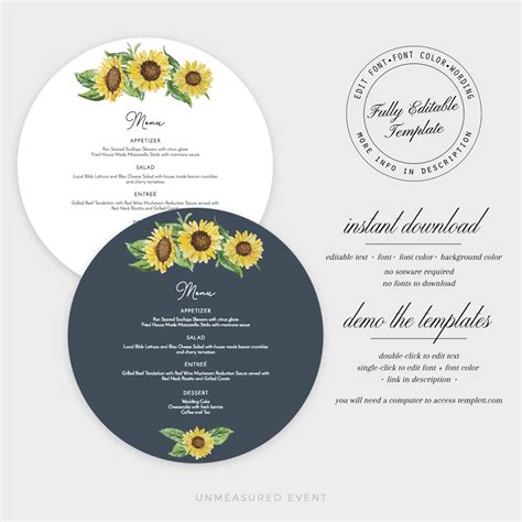 Emma Sunflower Menu Card Template Round Menu For Wedding Sunflower