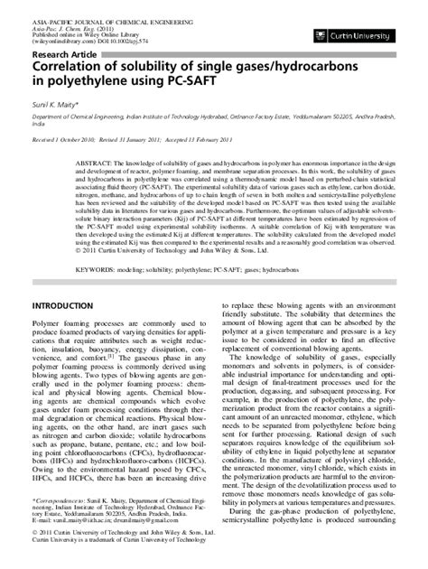 Pdf Correlation Of Solubility Of Single Gaseshydrocarbons In Polyethylene Using Pc Saft