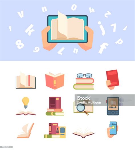 교과서 지식 집합입니다 오픈 북 정보 손 백과 사전 잎페이지 글꼴 스택 책 연구 아이디어 읽기를위한 전자 책 스마트 폰 안경