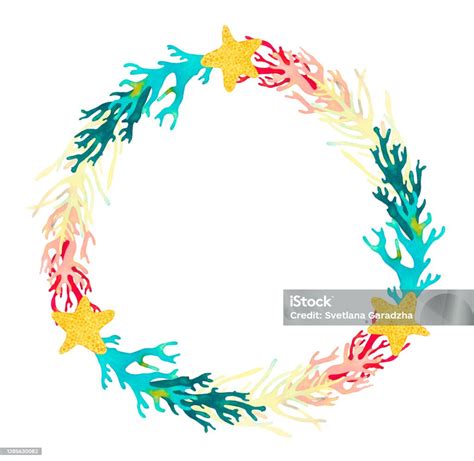 산호초 수채화 일러스트 라운드 프레임 손으로 그린 수중 바다 생활 장식 프레임 아름다운 밝은 산호 바다 별 Aglae 불가사리 흰색 배경에 우아한 해양 생물 0명에 대한