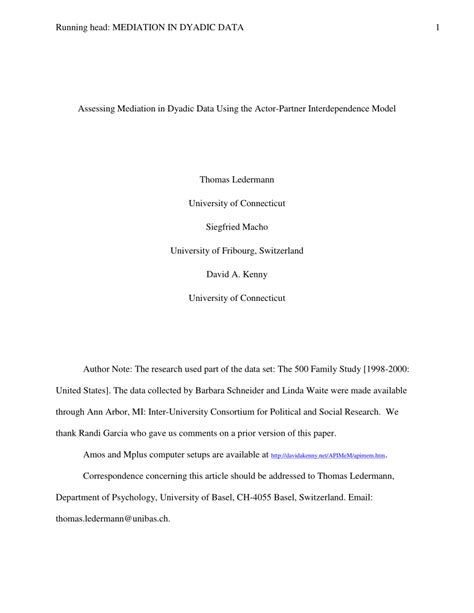 Pdf Assessing Mediation In Dyadic Data Using The Actor Partner
