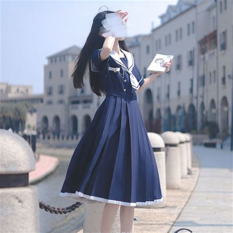 2023夏季新款日系JK水手服海军领连衣裙学生收腰中长款百褶a字裙 虎窝淘