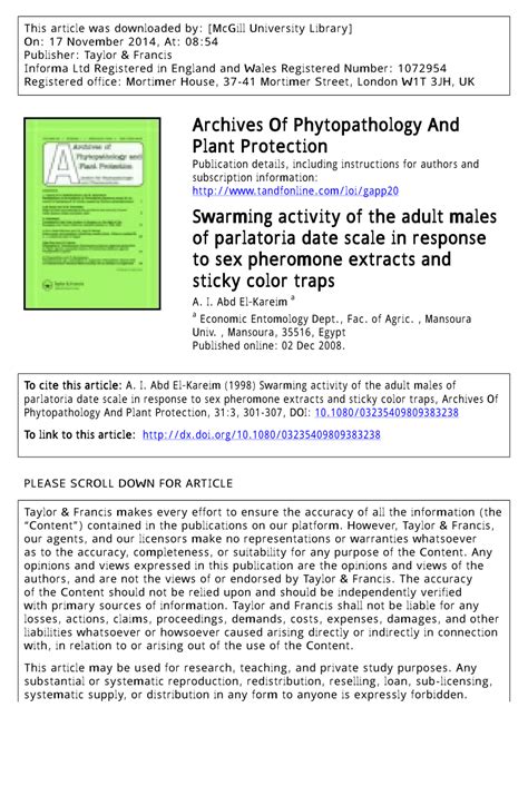 pdf swarming activity of the adult males of parlatoria date scale in response to sex pheromone