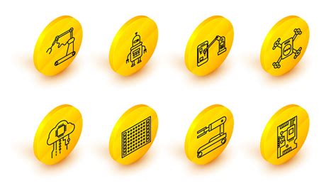 세트 라인 전자 컴퓨터 구성 요소 마더 보드 디지털 칩 사물 인터넷 액션 카메라로 비행하는 드론 산업용 기계 로봇 로봇 팔 손 및 공장 아이콘 벡터 3차원 형태에 대한 스톡