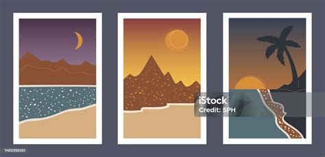 산 바다와 사막 벽 예술 세트 중동 풍경 현대적인 평면 벽지 하늘 모래 손바닥 달 또는 태양이있는 추상적 인 자연 배경 컬렉션 벡터 일러스트 레이 션 포스터 0명에 대한