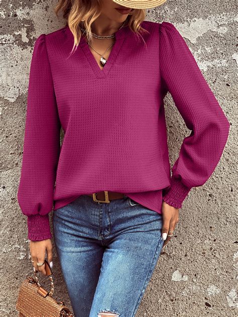 Shein Lune Notched Neckline Lantern Sleeve Blouse Shein Usa