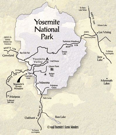 Yosemite National Park Map And Surrounding Area In Black And White