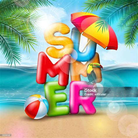 여름 휴가 디자인 다채로운 3d 텍스트 열대 야자수 잎 와 비치 볼 통하고 있는 바다 풍경 배경 등 배너 전단지 초대장 브로셔 포스터 또는 인사말 카드에 대 한 타이포그래피
