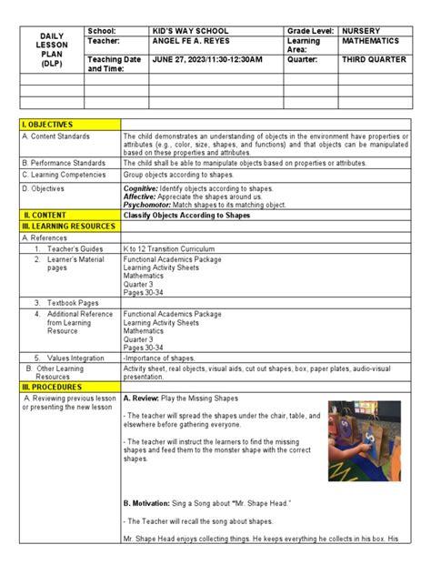 Lesson Plan Shapes Grade 3 Pdf