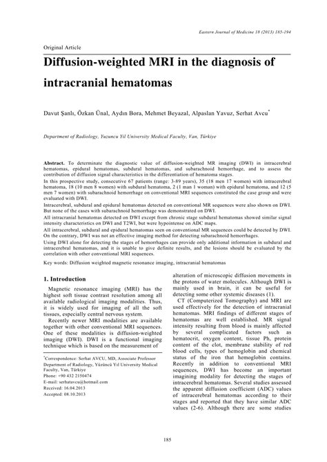 Pdf Diffusion Weighted Mri In The Diagnosis Of Intracranial Hematomas