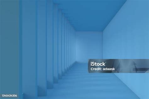 빈 콘크리트 바닥과 파란색 벽 배경현대 쇼룸의 추상적 인 인테리어 디자인 홀 또는 무대 3d 일러스트 0명에 대한 스톡 사진 및 기타 이미지 Istock