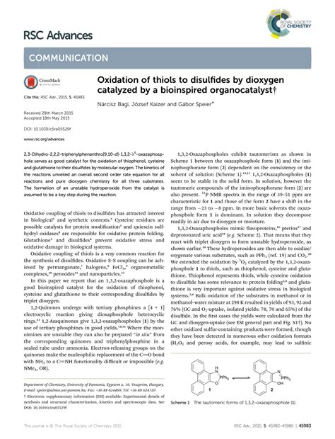 Pdf Cheminform Abstract Oxidation Of Thiols To Disulfides By