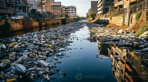 Polluted Urban Canal With Trash And Pollutants Generative Ai 30463353