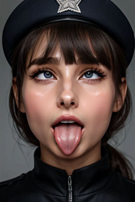 A Close Up Of A Woman Sticking Out Her Tongue With A Police Hat On