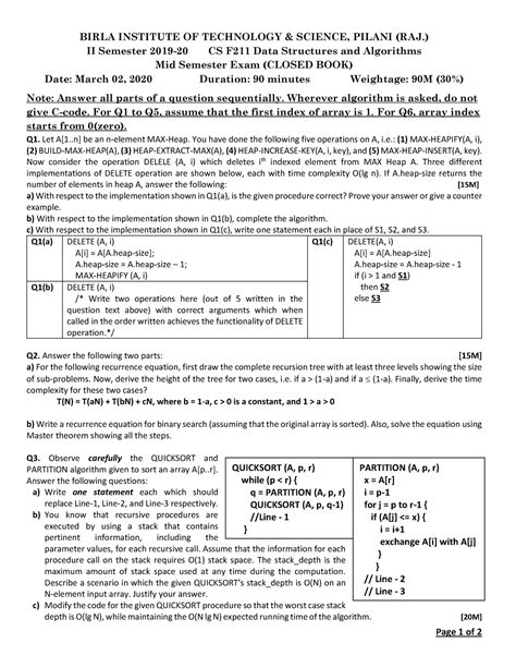 Data Structures And Algorithms Midsemester Paper Page 1 Of 2 Birla Institute Of Technology