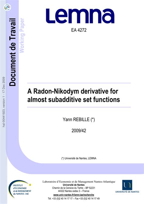 Pdf A Radon Nikodym Derivative For Almost Subadditive Set Functions