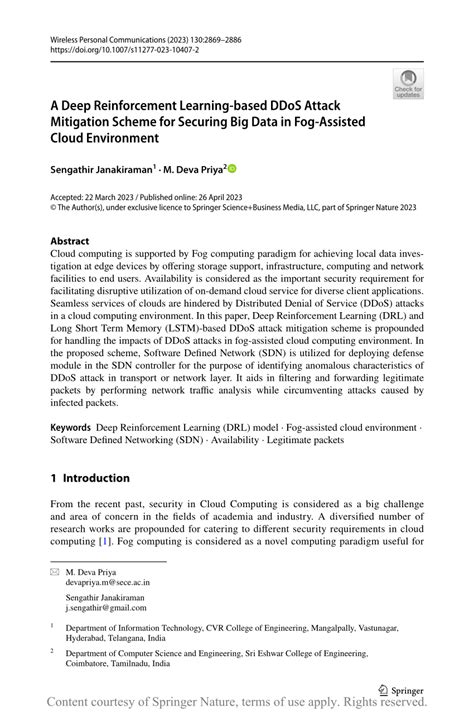 A Deep Reinforcement Learning Based Ddos Attack Mitigation Scheme For