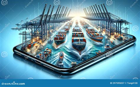 Smartphone Displaying Dynamic Port And Ships Scene Stock Illustration