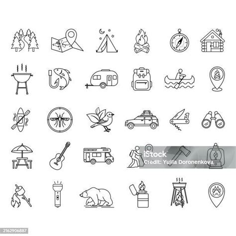캠핑 아이콘 세트 벡터 아이콘 캠프 숲 바베큐 카약 도로 여행 캐러밴 모닥불 쌍안경 도끼 곰 지도 및 기타 곰에 대한 스톡 벡터